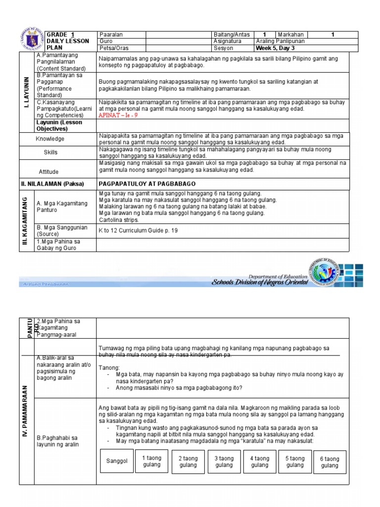 Grade 1 Daily Lesson Plan 1 1 Week 5, Day 3: Apinat - Ie - 9 | PDF