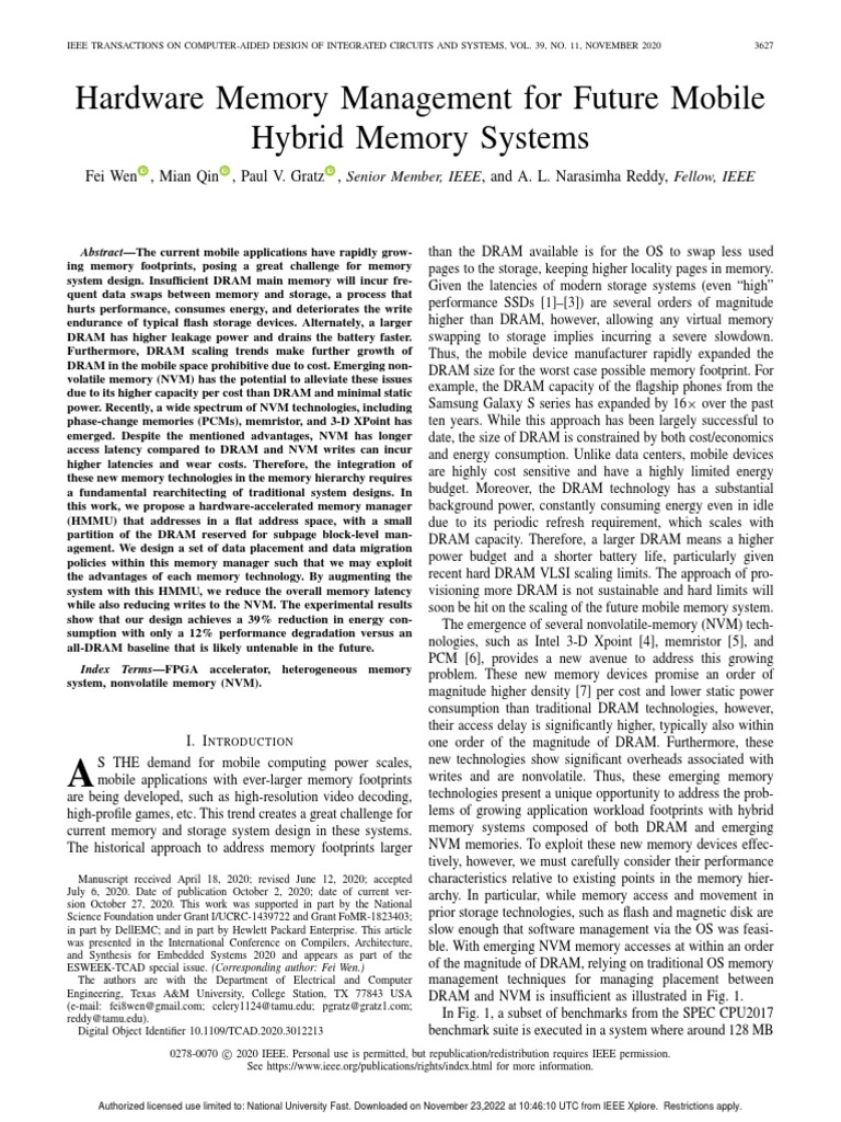 Hardware Memory Management For Future Mobile Hybrid Memory Systems Download Free Pdf Cpu