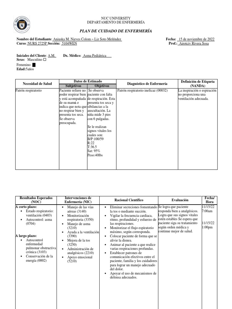 Plan de Cuidado - Asma Pediatrica PDF | PDF | Tos | Asma