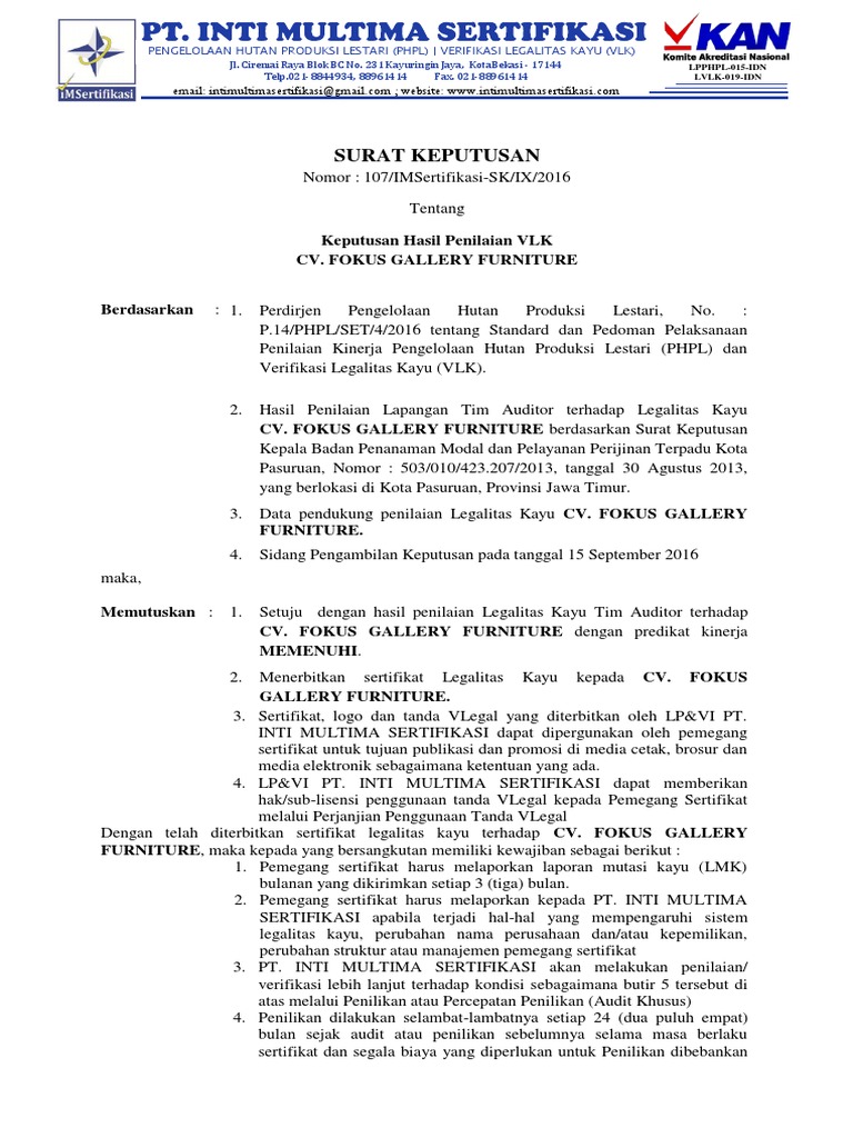 Sertifikasi Legalitas Kayu CV. Fokus | PDF