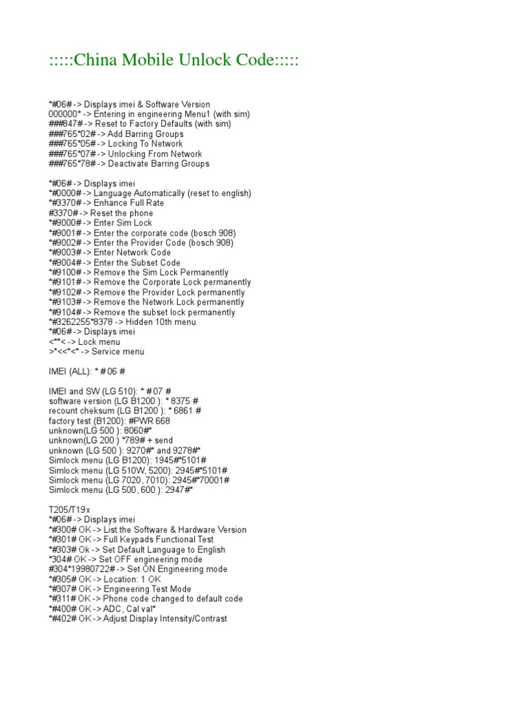 China Mobile Unlock Code With PDF | PDF | Computer Hardware | Mobile ...