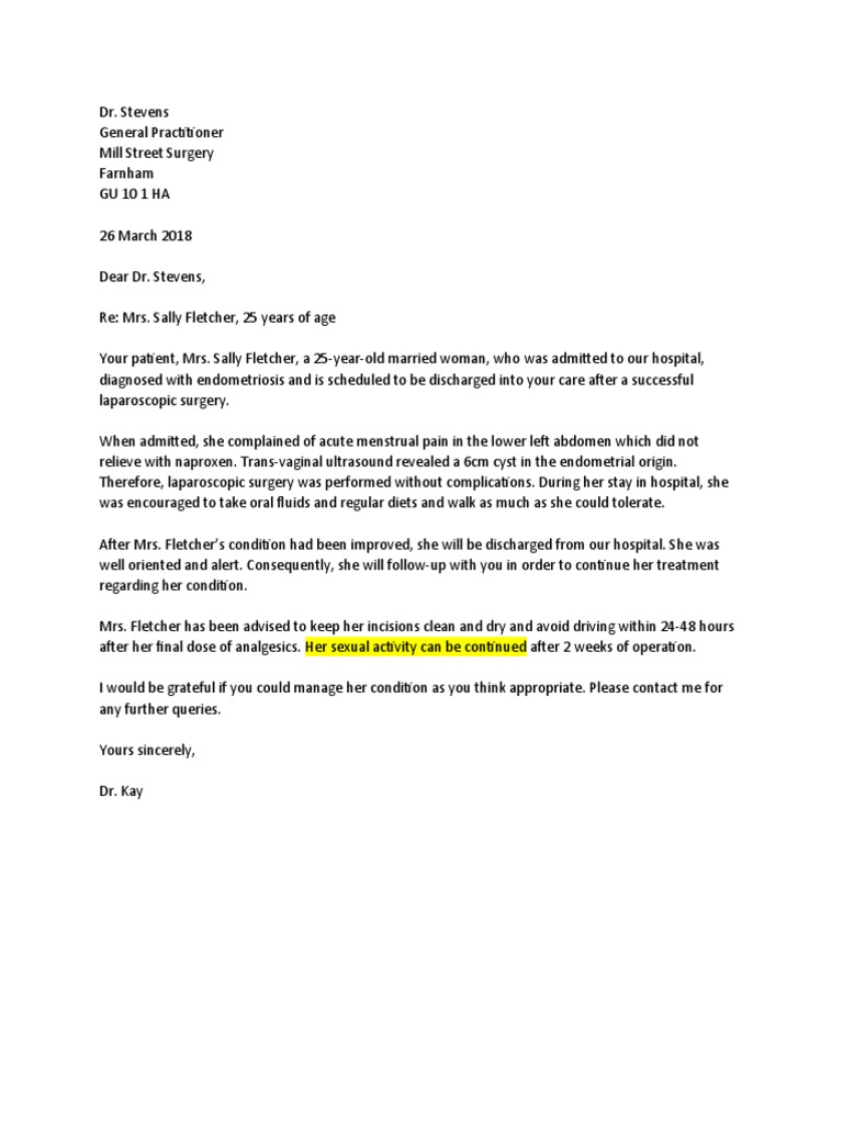 Mrs. Sally Fletcher, Discharge Letter, Task 2 | PDF | Self-Improvement ...