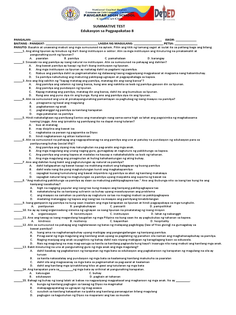 G8 ESP 1st SUMMATIVE TEST | PDF