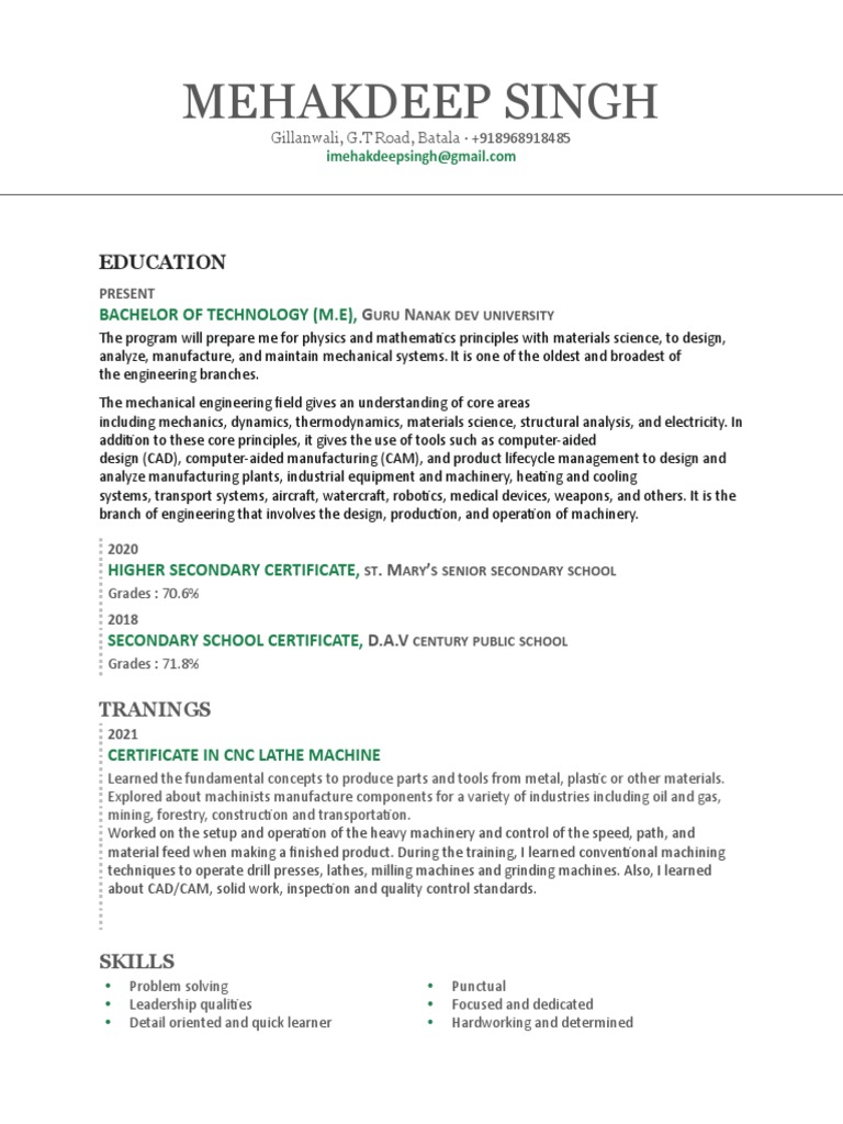 Mehak Resume | PDF | Engineering | Machines