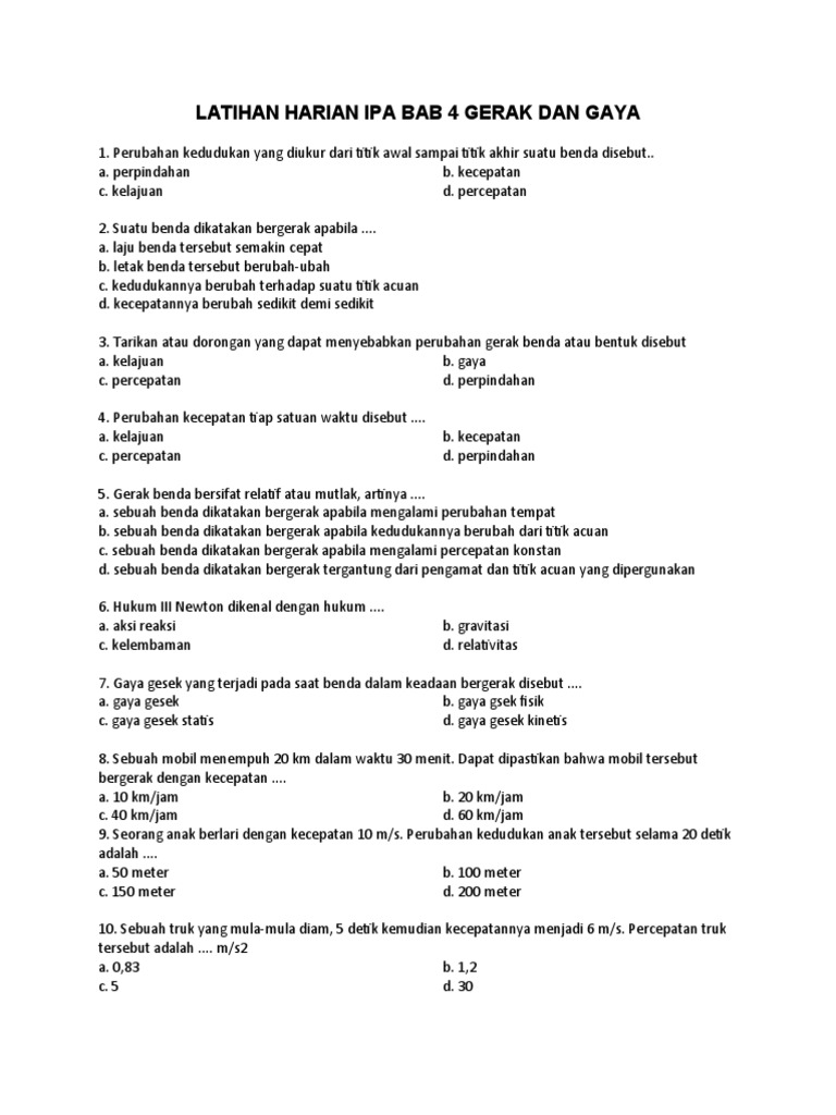 Latihan Harian Ipa Bab 4 Gerak Dan Gaya KLS 7 | PDF