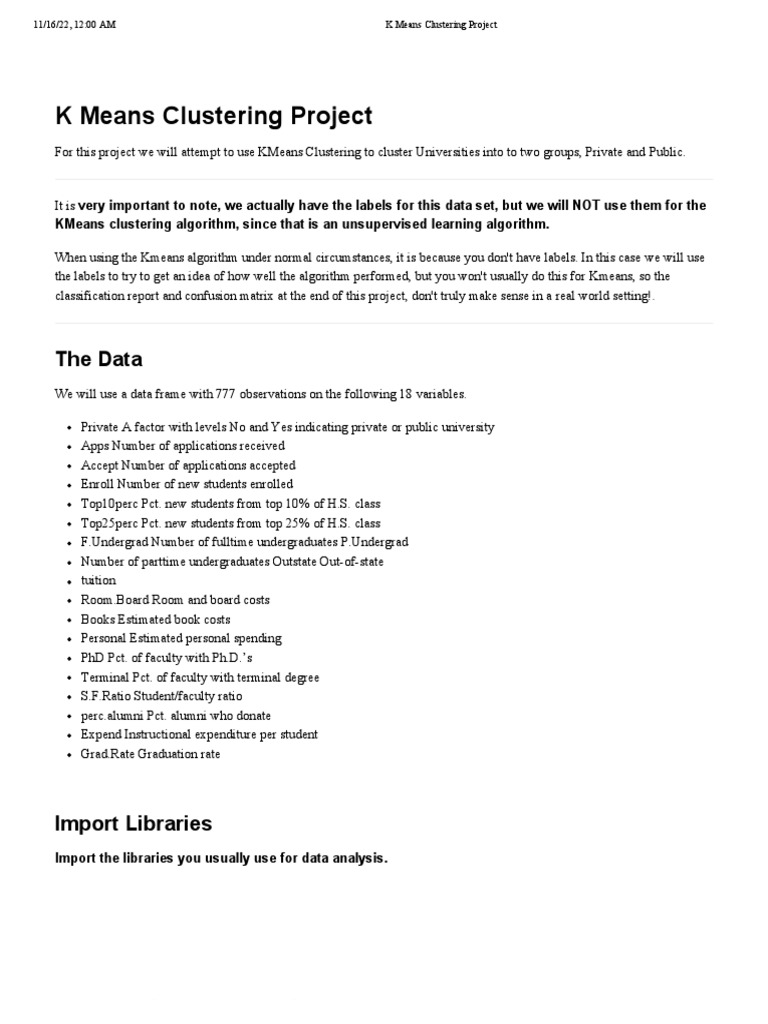 K Means Clustering Project - Sample | PDF | Cluster Analysis | Machine ...