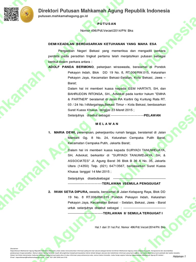 Putusan 496 PDT - Verzet 2014 PN Bks 20221127143809 | PDF