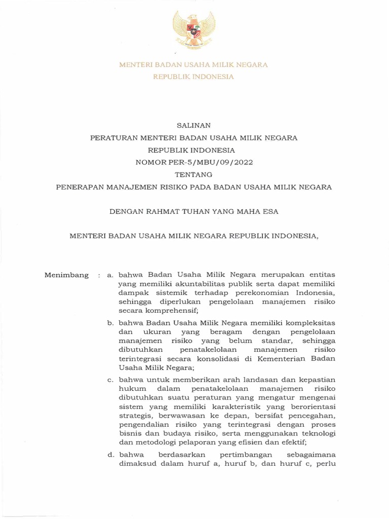 2022-Peraturan BUMN Nomor PER-5 MBU 09 2022 | PDF