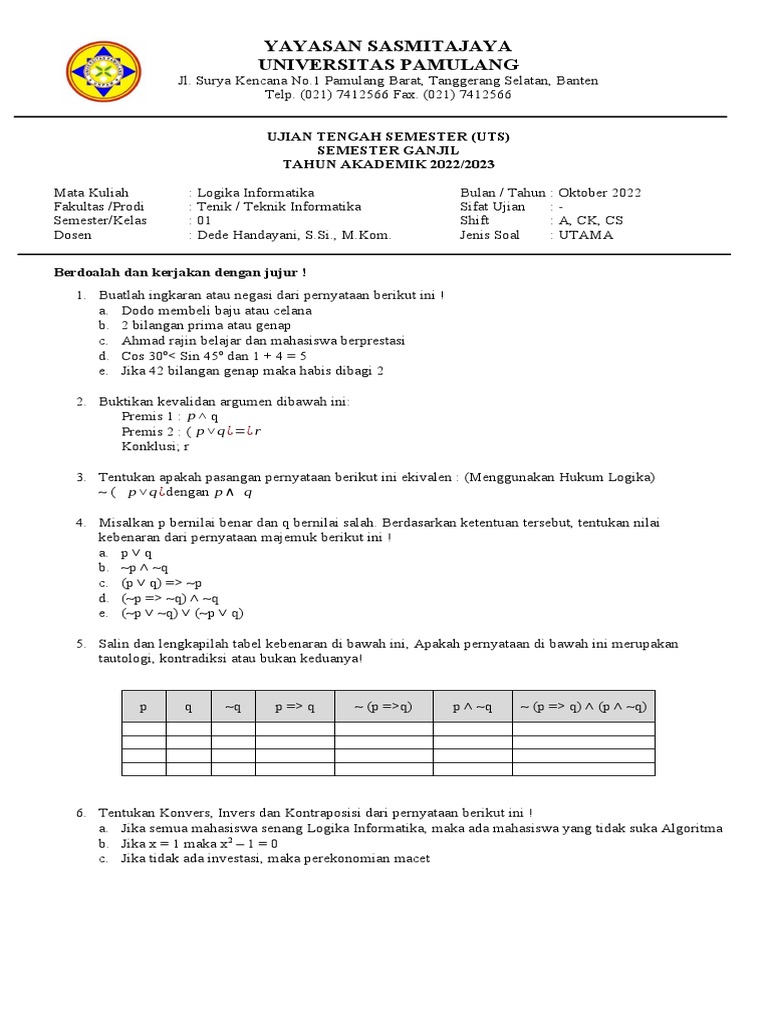 Soal UTS Logika Informatika | PDF