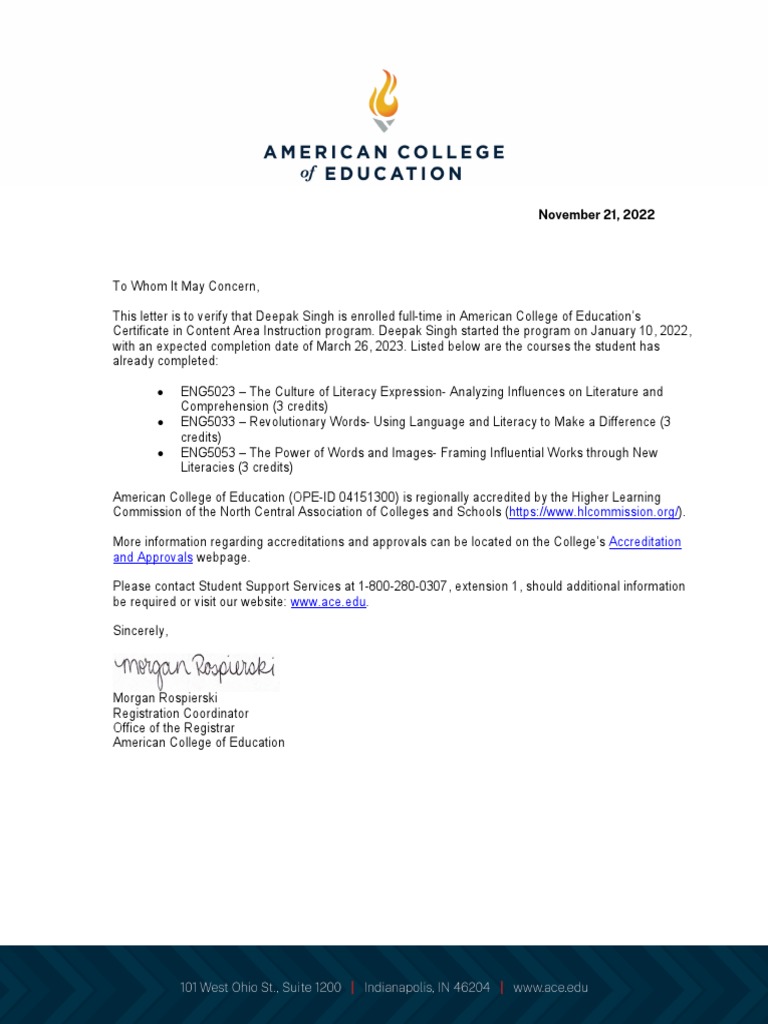 Graduate English Courses Completed at American College of Education by ...