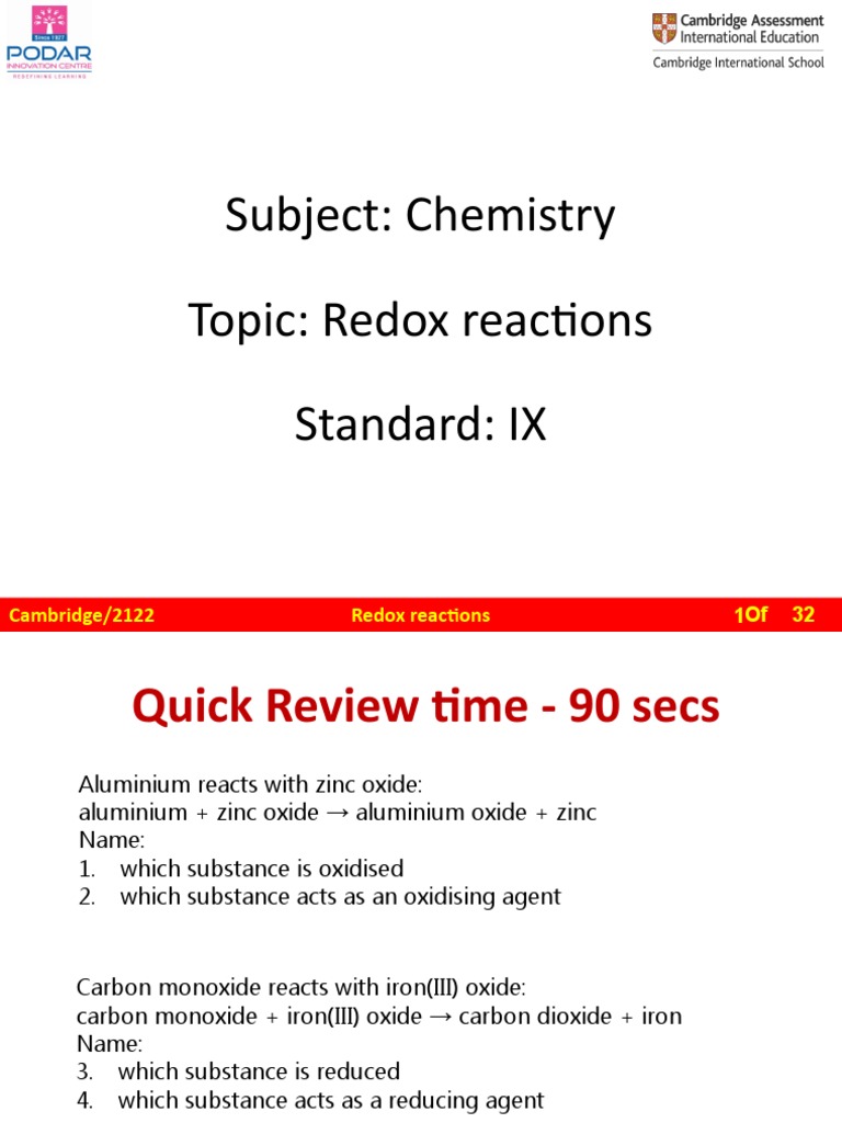 1 Cambridge IX Chem Unit 10.2 Redox Reactions | PDF | Redox | Chemical ...