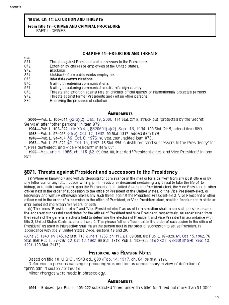 18 USC Ch. 41 EXTORTION AND THREATS | PDF | United States Postal ...