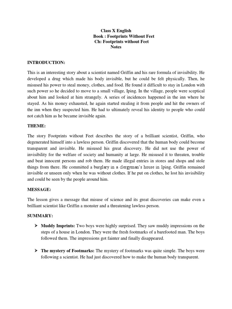 10 English - Footprints Without Feet - Notes | PDF