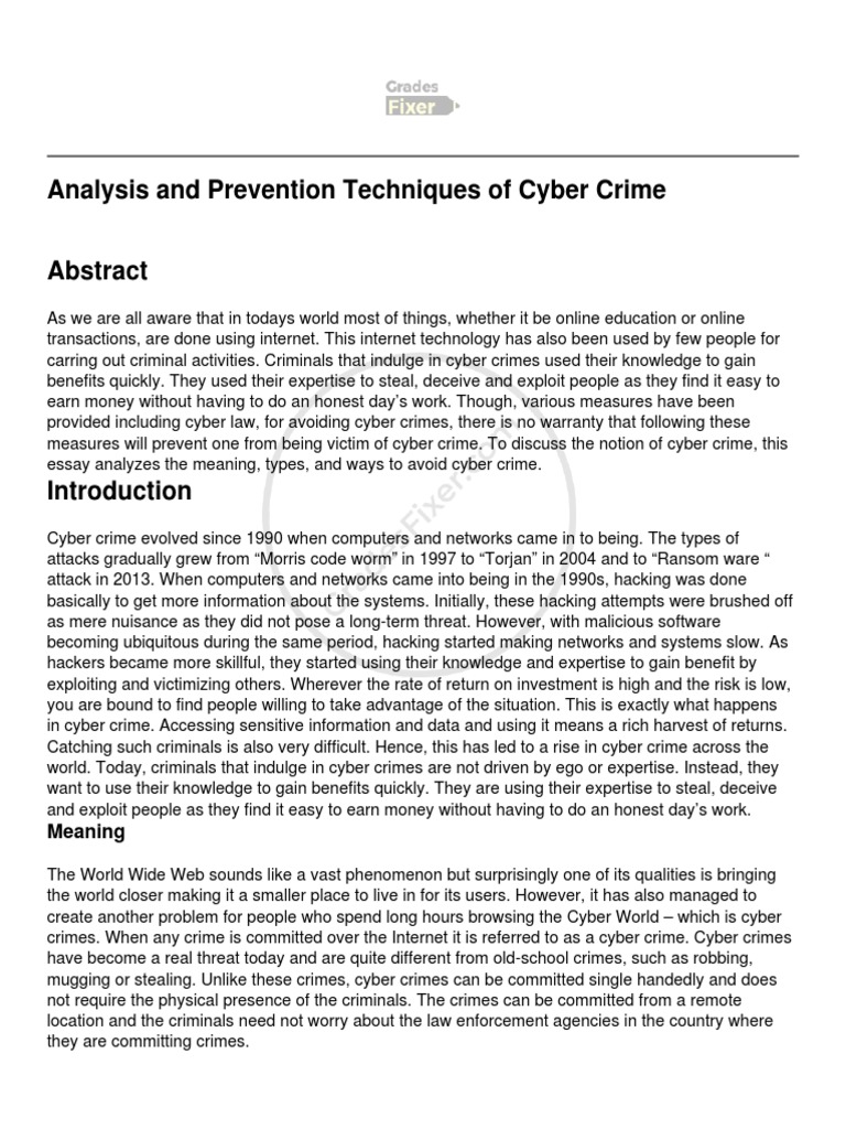 Analysis and Prevention Techniques of Cyber Crime | PDF