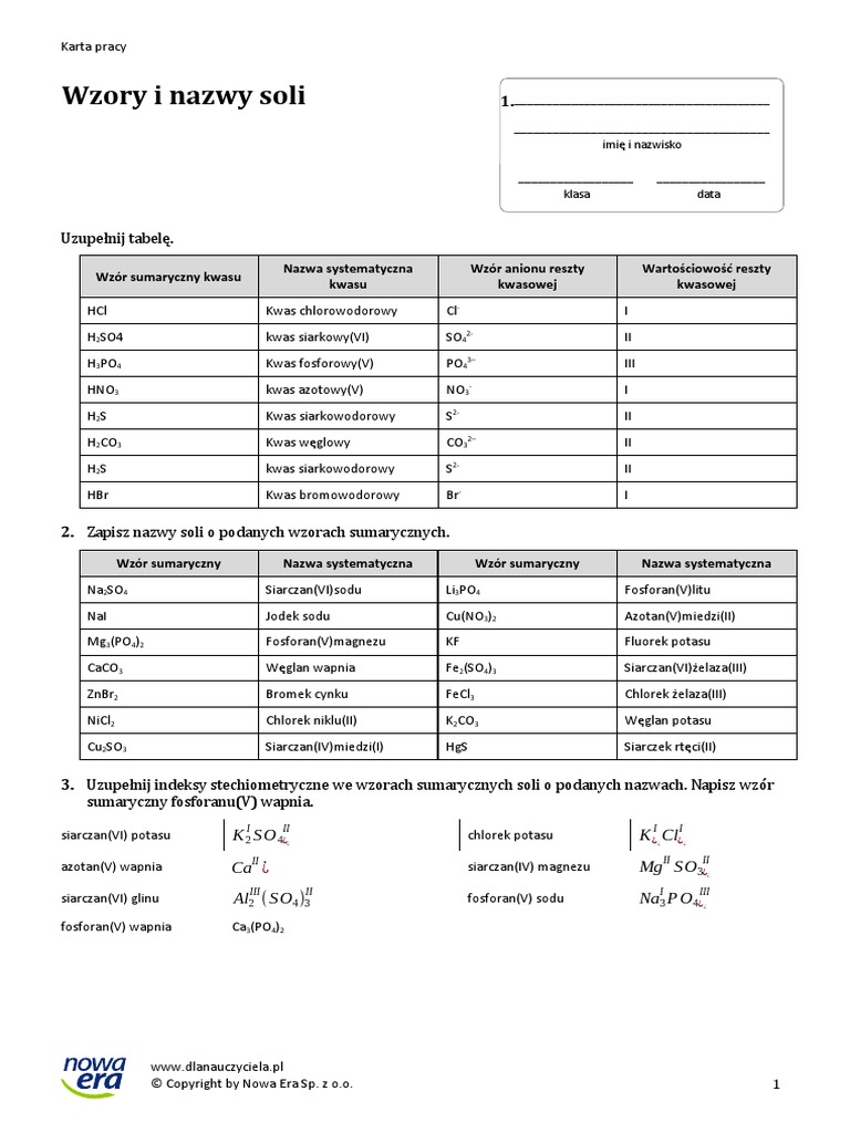 Wzory I Nazwy Soli: Uzupełnij Tabelę | PDF