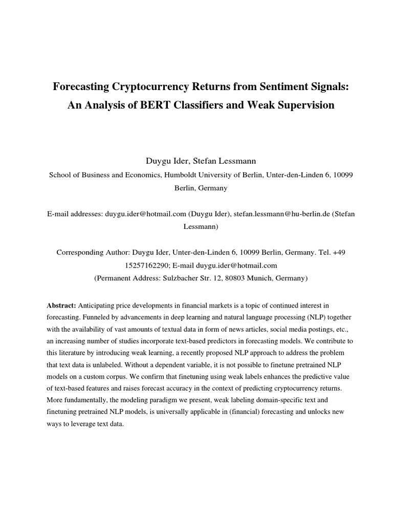 Forecasting Cryptocurrency Returns From Sentiment Signals: An Analysis of BERT Classifiers and ...