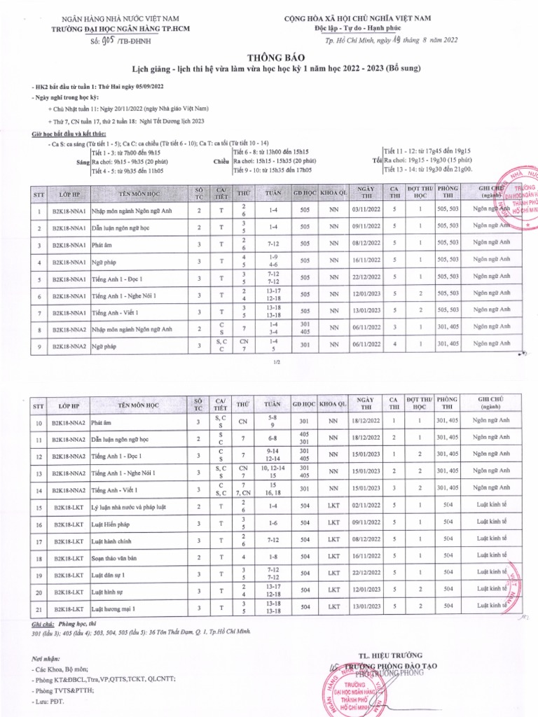 Lich Giang - Lich Thi VLVL HKI 2022-2023 Bo Sung | PDF