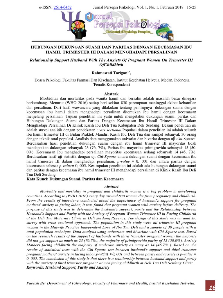 Tarigan, R. 2021. Hubungan Dukungan Suami Dan Paritas Dengan Kecemasan Ibu Hamil Trimester Iii ...
