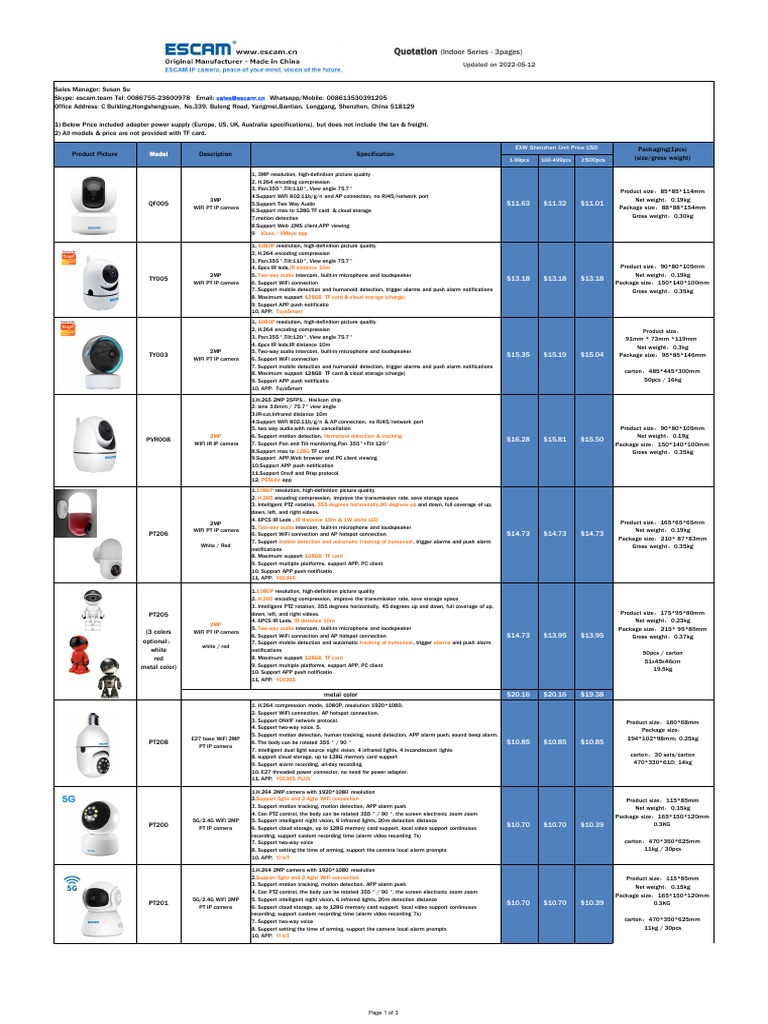 Indoor Series 2022.05.12 ESCAM IP CAMERA Quotation | PDF