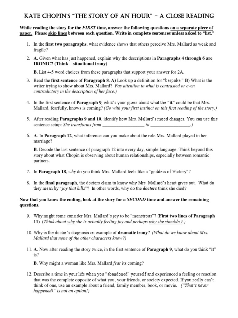 Kate Chopin'S "The Story of An Hour" - A Close Reading | PDF | Cognition | Psychological Concepts