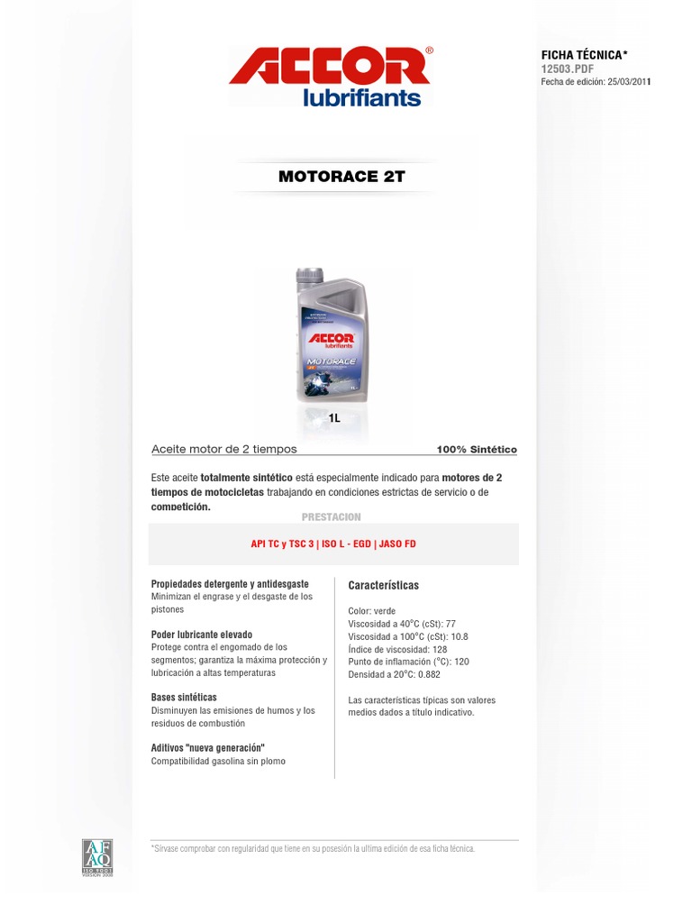 Motorace 2t. API TC y TSC 3 Iso L - Egd Jaso Fd. Características | PDF
