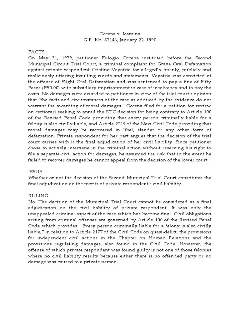 Occena v. Icamina: Defamation Case Ruling | PDF | Defamation | Public ...