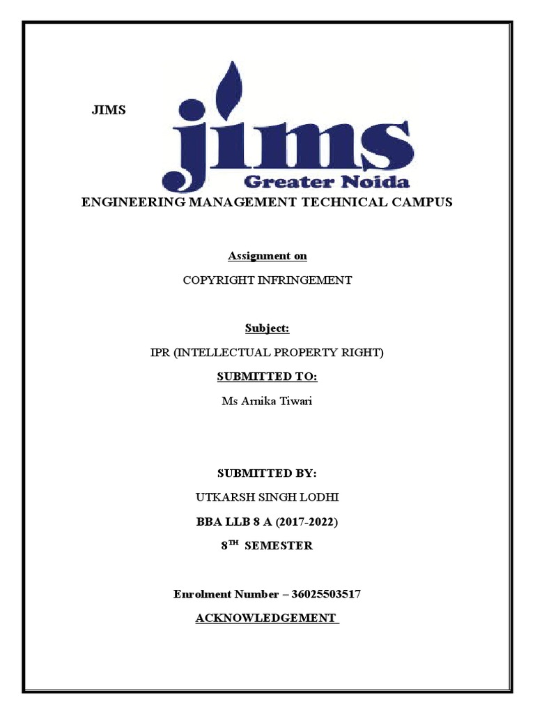 Utkarsh Singh Lodhi IPR Assignment | PDF | Copyright | Copyright Infringement