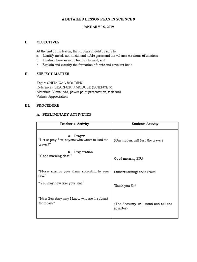 A Detailed Lesson Plan in Science 9i | PDF | Chemical Bond | Covalent Bond