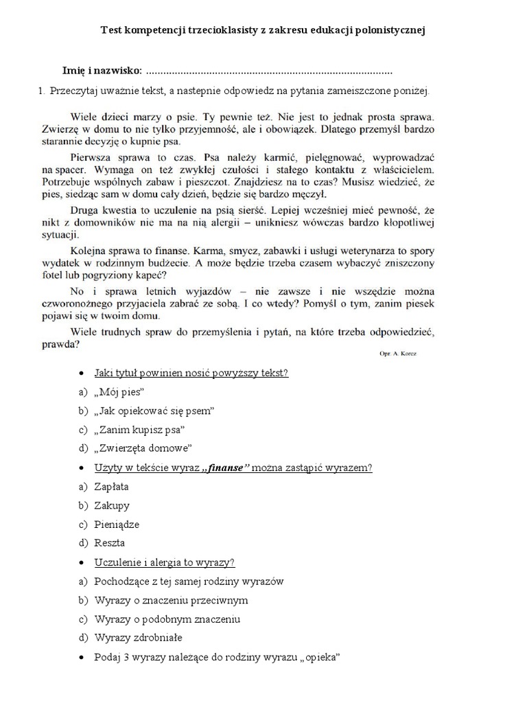 Test Pol 3 Klasa | PDF