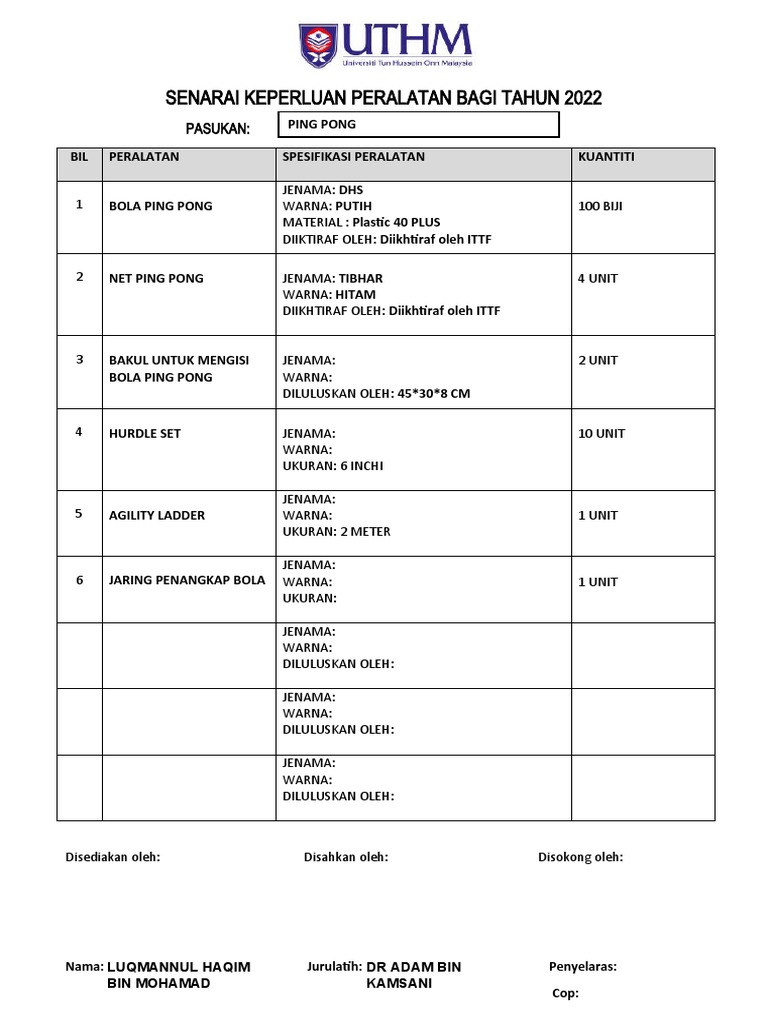 Senarai Keperluan Peralatan Ping Pong Bagi Tahun 2020 | PDF
