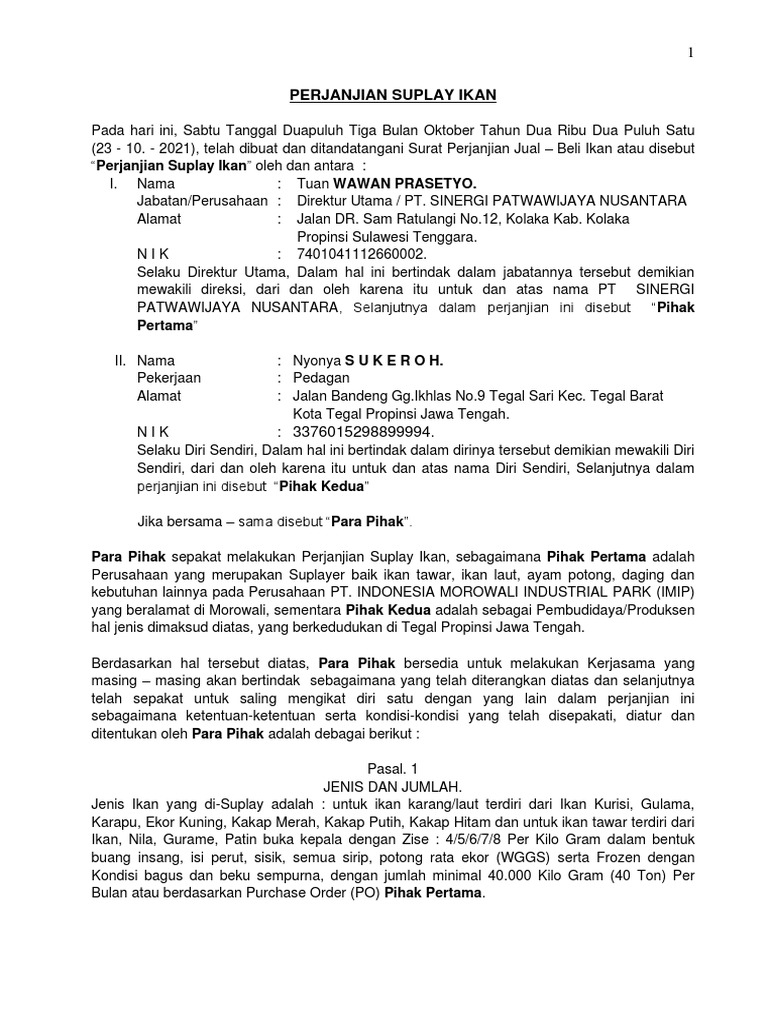 DRAFT PERJANJIAN SUPLAY IKAN-dikonversi | PDF