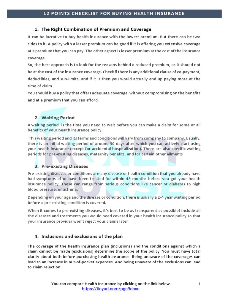 Health Insurance 12 Points Check List | PDF | Insurance | Financial ...