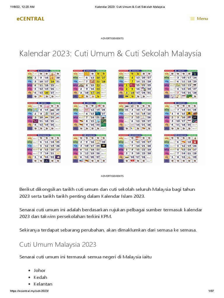 Kalendar 2023 - Cuti Umum & Cuti Sekolah Malaysia | PDF
