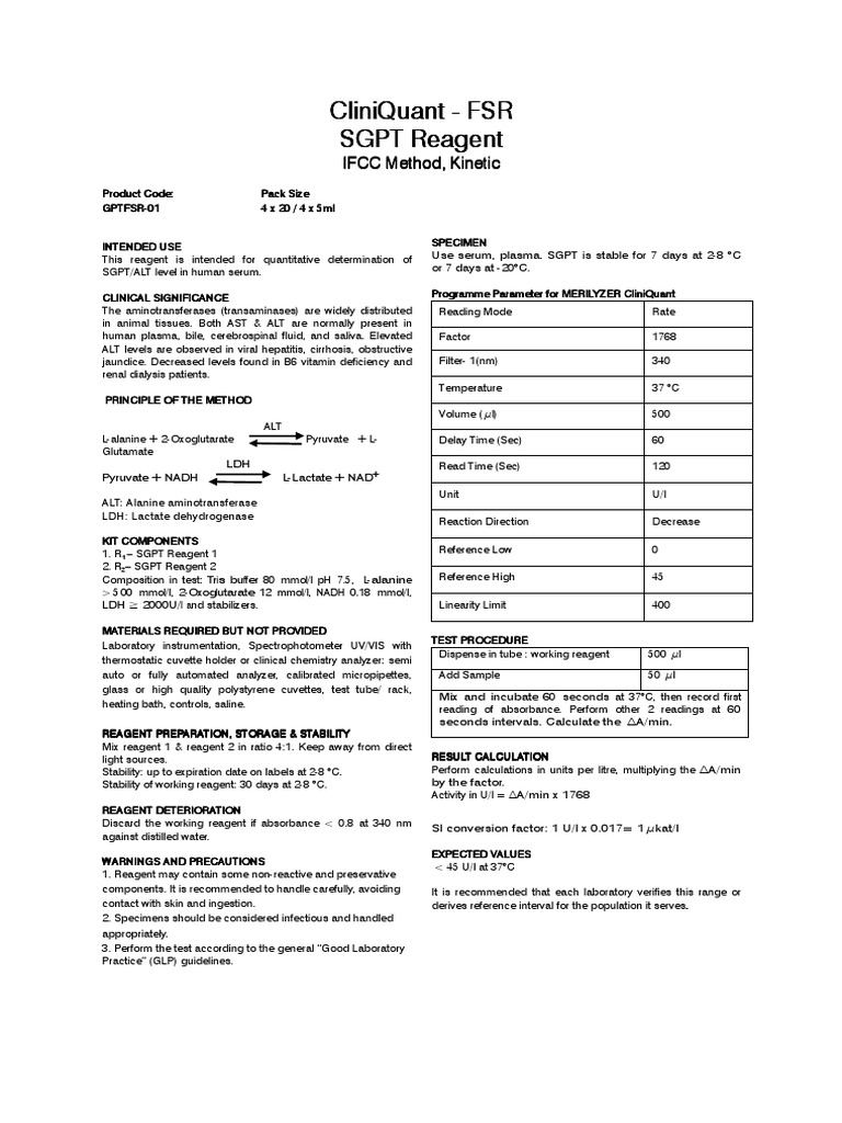 SGPT Reagent Testing Procedure Guide | PDF