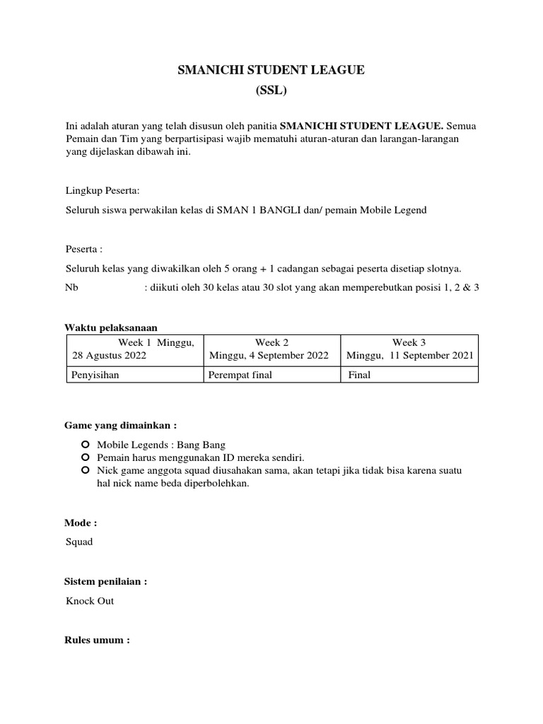 Aturan Turnamen SMANICHI Student League | PDF