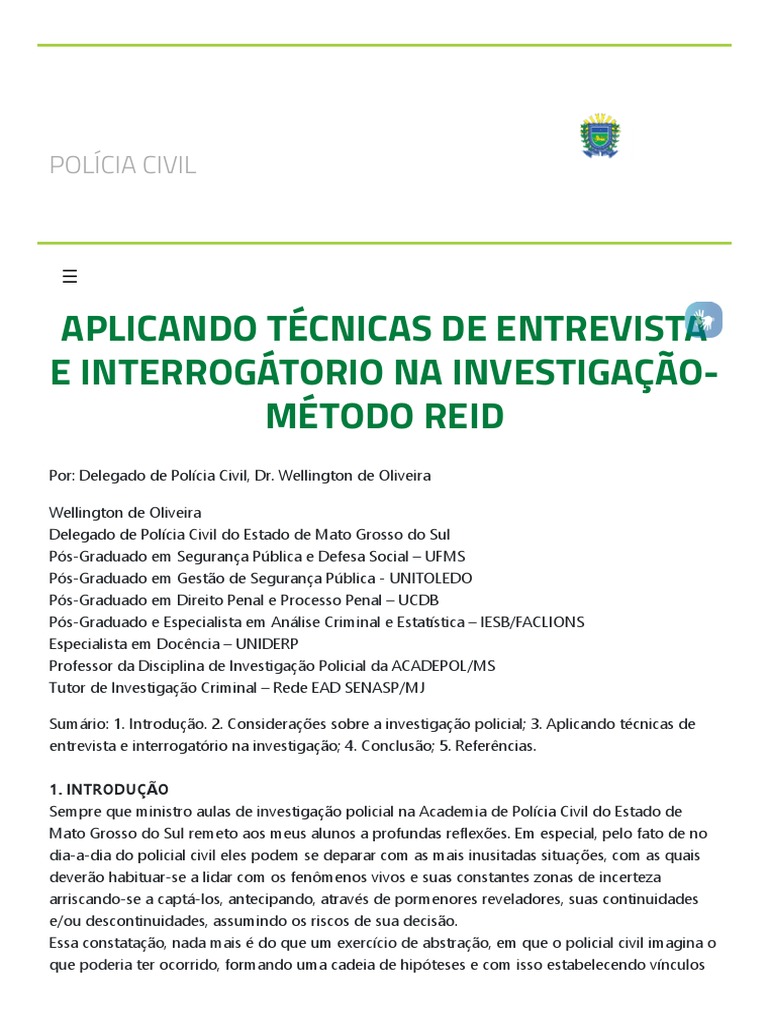 Técnicas de Entrevista e Interrogátorio Na Investigação-Método Reid ...