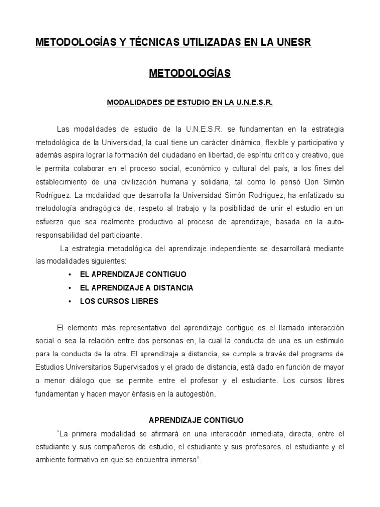 Metodologias y Tecnicas Utilizadas en La Unesr | PDF | Aprendizaje | Evaluación