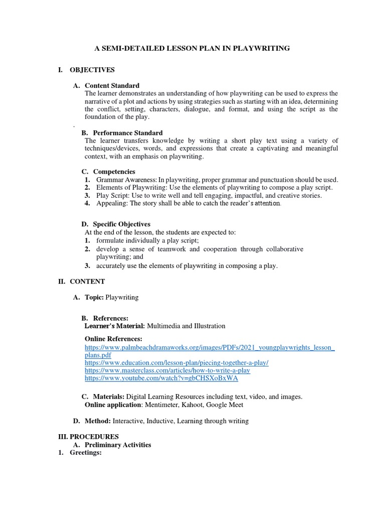 Semi-Detailed Lesson Plan - Playwriting - Creative Writing | PDF | Learning | Lesson Plan