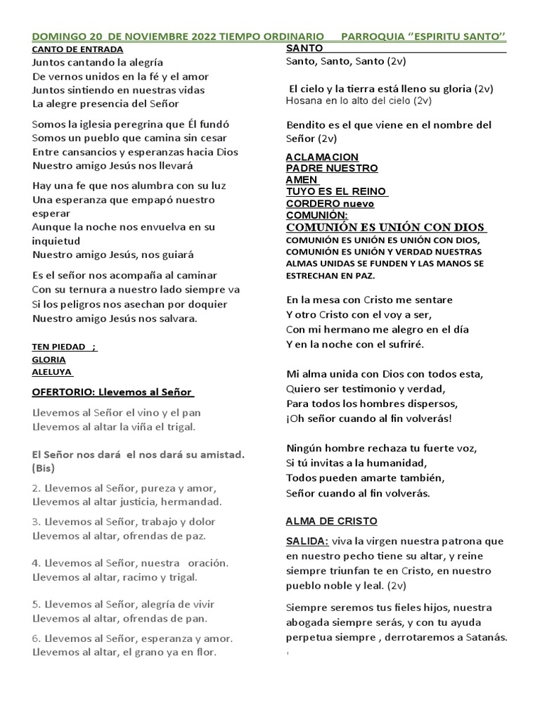 Hoja de Canto 20 de Nov. | Descargar gratis PDF | eucaristía | Cristo ...