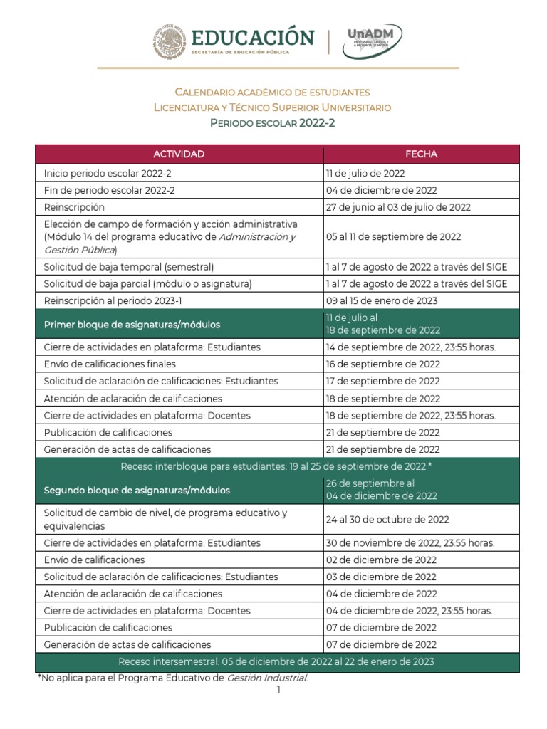 ES Calendario Licenciatura y TSU 2022-2 Versión Descargable | PDF