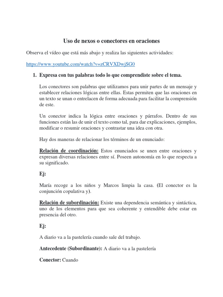 Uso de Nexos o Conectores en Oraciones | PDF | Oración (Lingüística ...