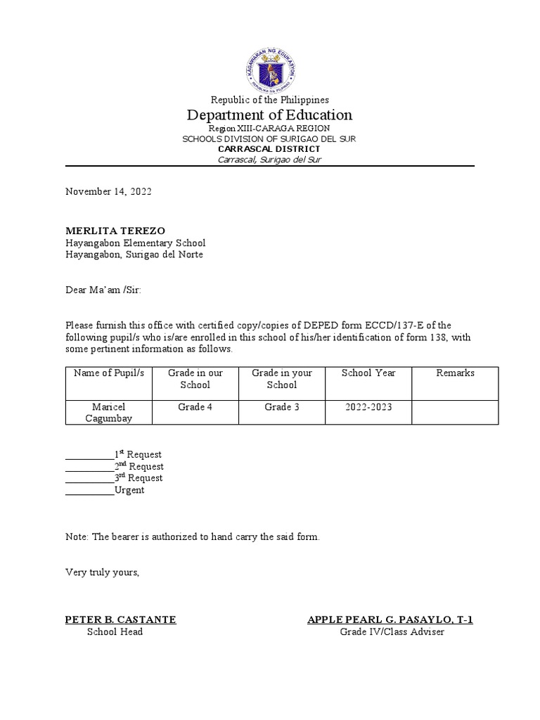 Form 137 Request Form | PDF