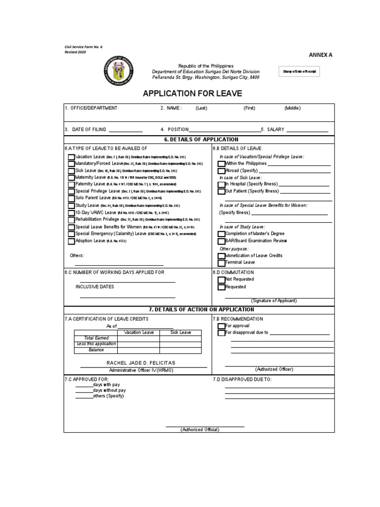 CS Form No. 6 Revised 2020 Application For Leave Secured | PDF ...