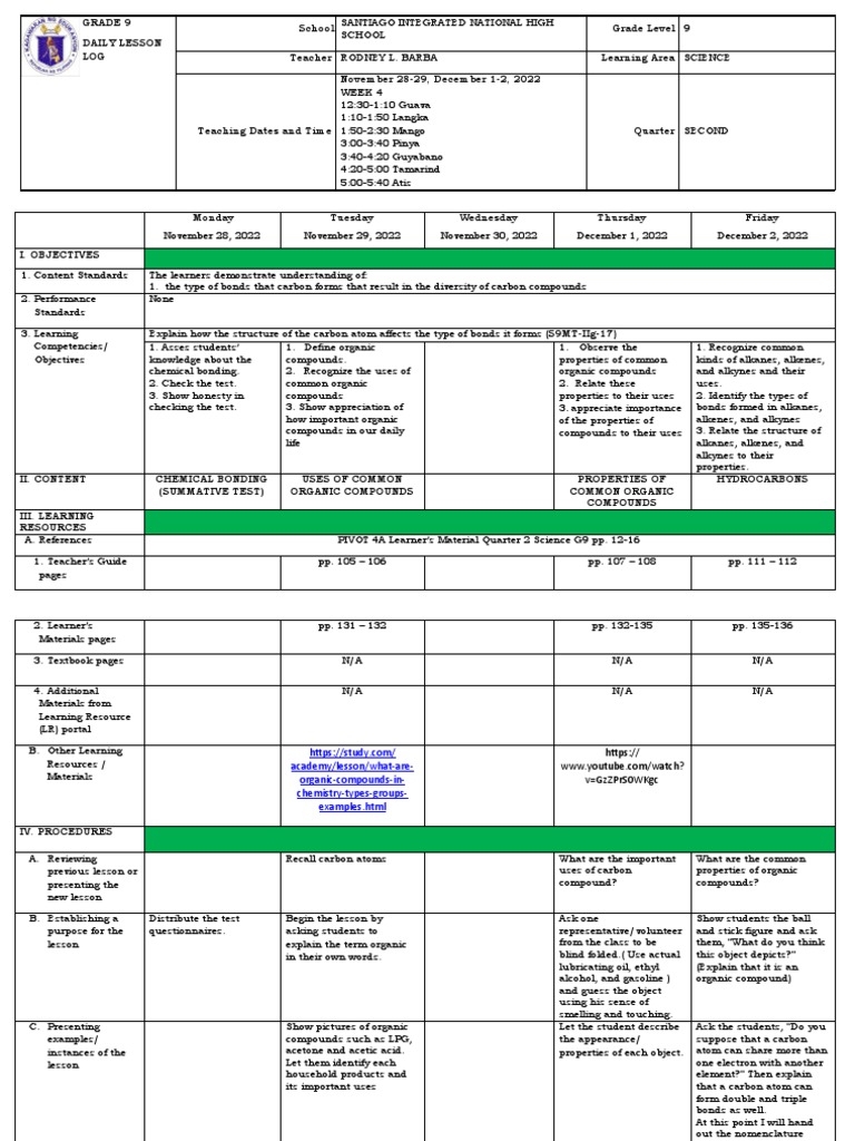 DLL - Science 9 - 2nd Quarter - Week 4 | PDF | Chemical Compounds ...