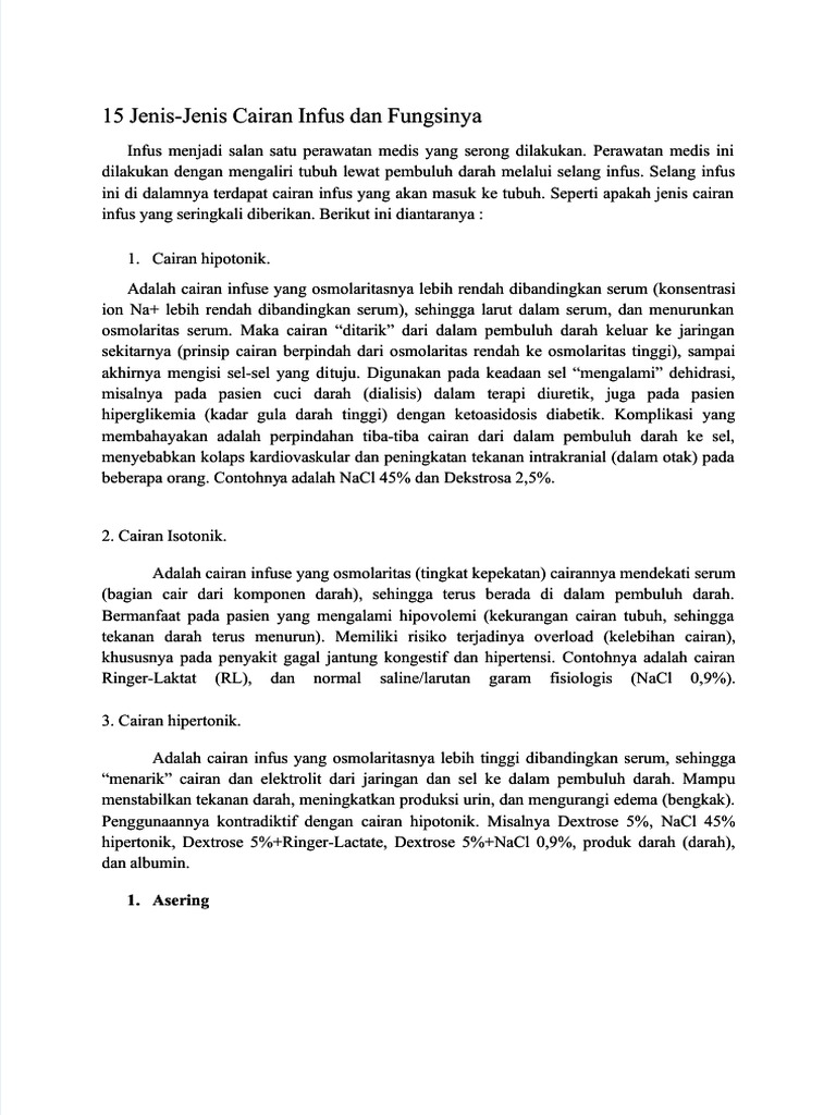 15 Jenis Cairan Infus dan Manfaatnya | PDF