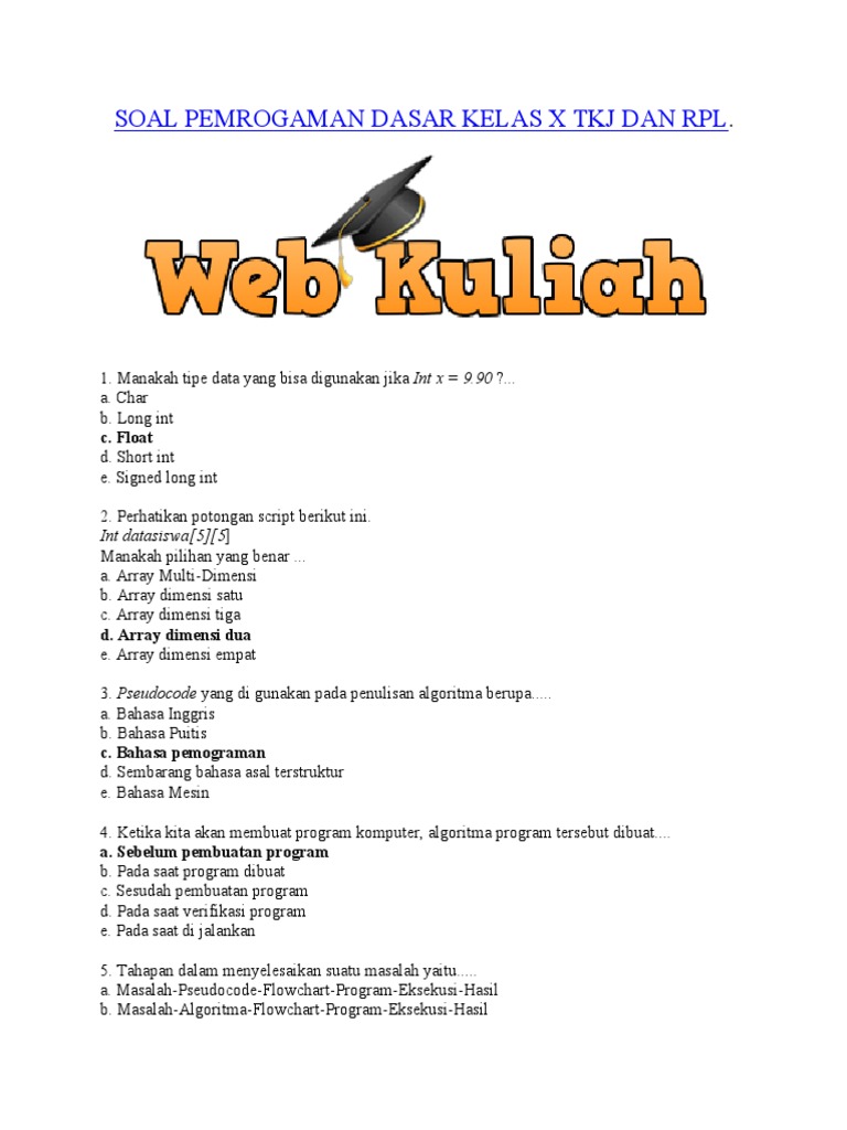 Soal Pemrograman Dasar Kelas X | PDF