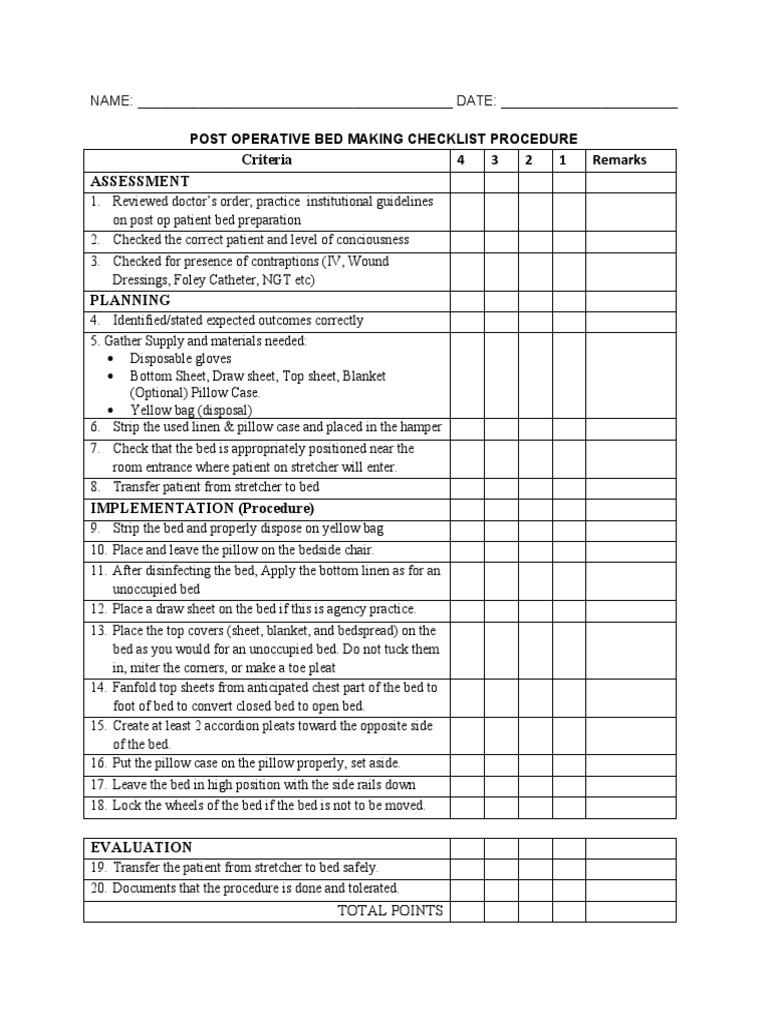Post Operative Bed Making Checklist | PDF | Surgery | Bed