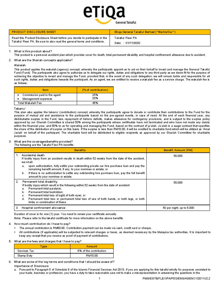Product Disclosure Sheet FLEXI PA Takaful | PDF