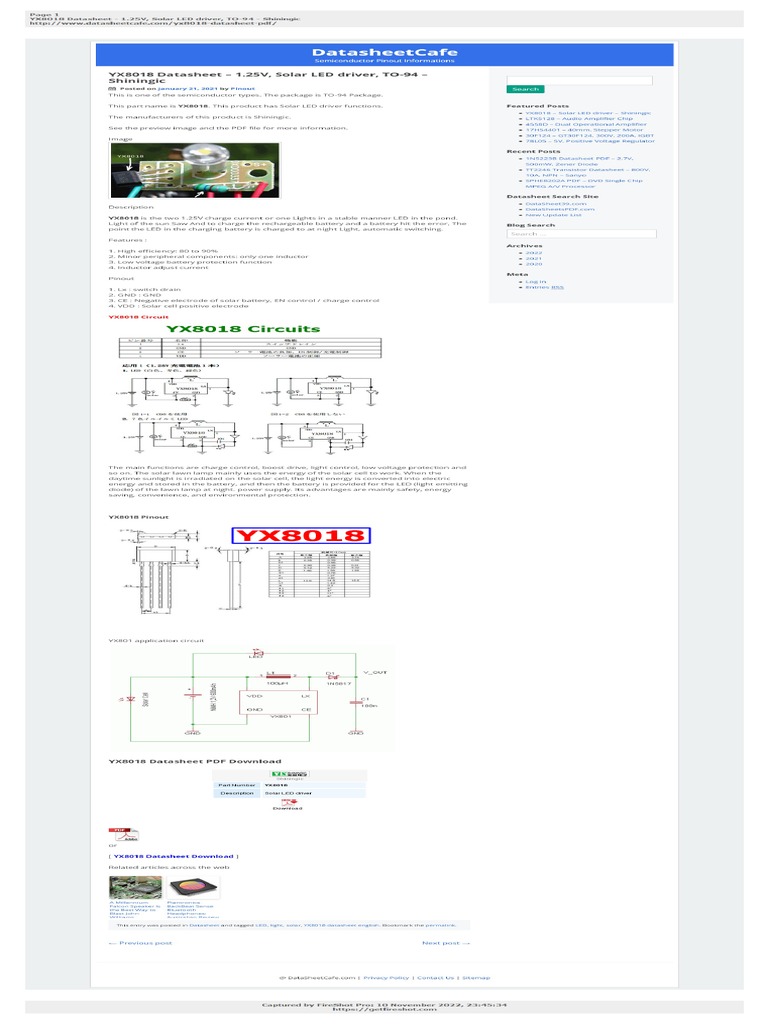 YX8018 Datasheet - 1.25V, Solar LED Driver, TO-94 - Shiningic' - WWW ...