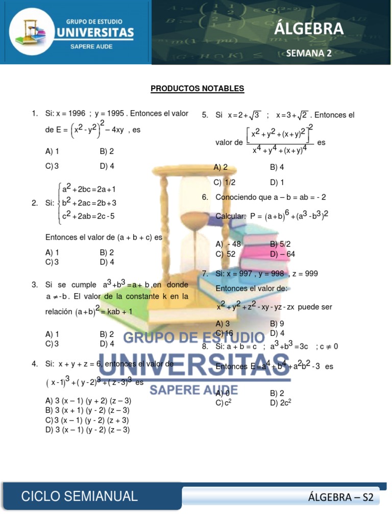 ALGEBRA Semana 2 PRODUCTOS NOTABLES Material de Clase | PDF ...
